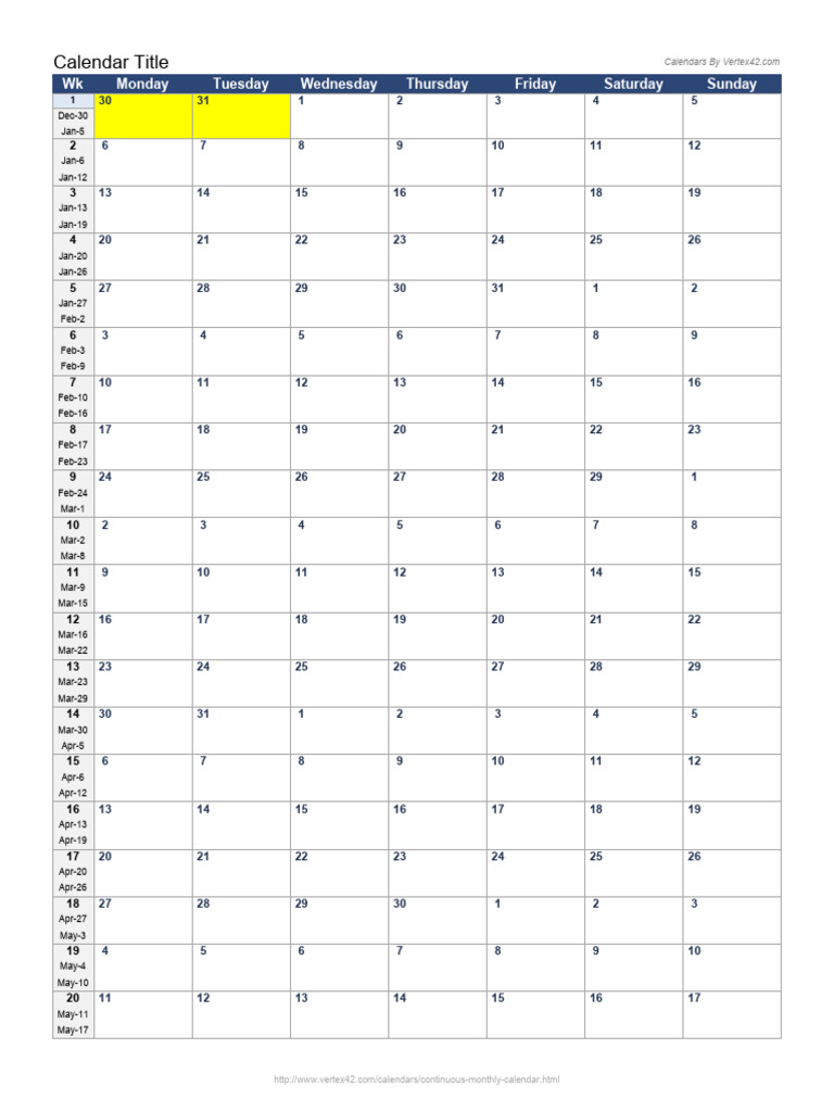 Continuous Monthly Calendar Template | PDF