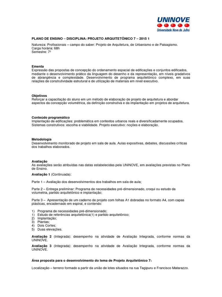 PROJETO 7 - PLANO DE ENSINO Uninove Rev.2 | PDF | São Paulo | Urbanismo
