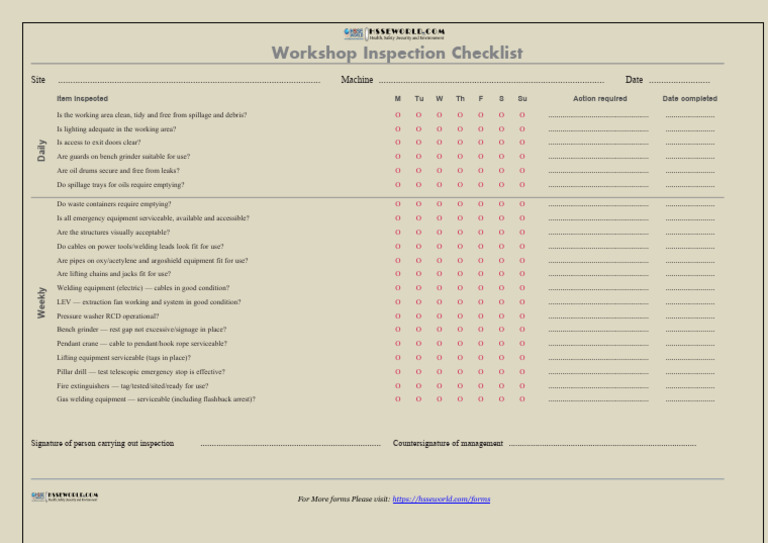 Workshop Inspection Checklist Template | PDF | Manufactured Goods | Equipment