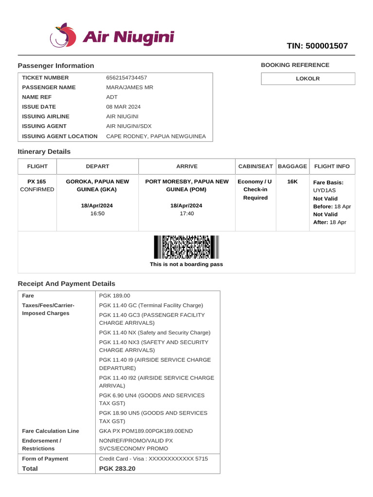 Electronic Ticket Receipt, April 18 For MR JAMES MARA | PDF | Transport ...