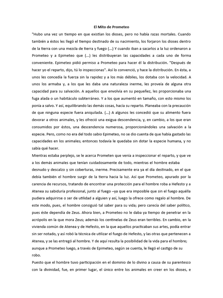 El Mito de Prometeo Texto Completo | PDF | Prometeo | Atenea