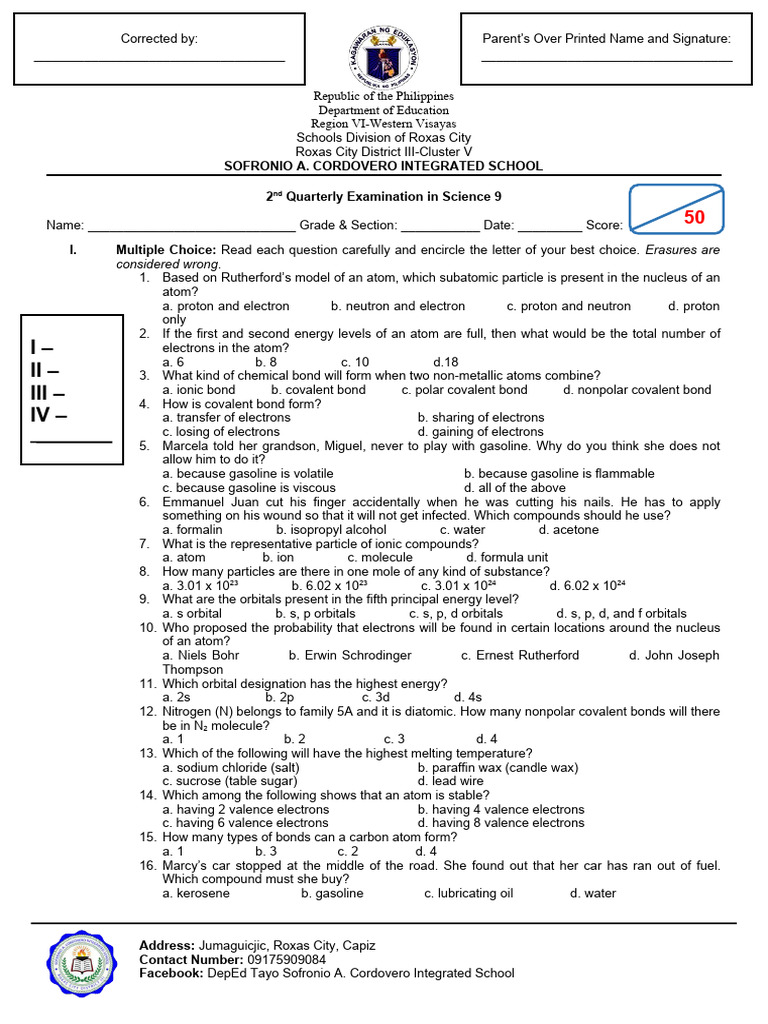 2nd Quarter Exam in Science 9 Q2 | PDF | Chemical Bond | Chemical Compounds