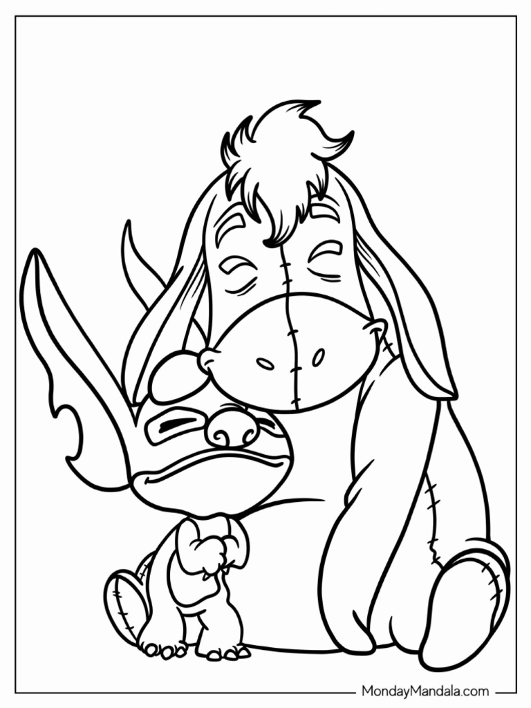 Simple Stitch Hugging Eeyore Coloring Sheet For Preschoolers | PDF