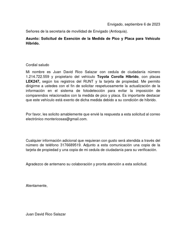 Carta Exento Pico y Placa Lek Envigado | PDF