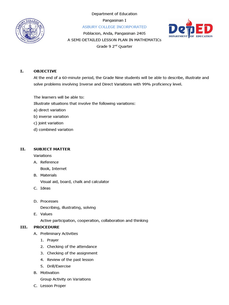 DLL Math9 2ndquarter Week1 | PDF | Area | Variable (Mathematics)