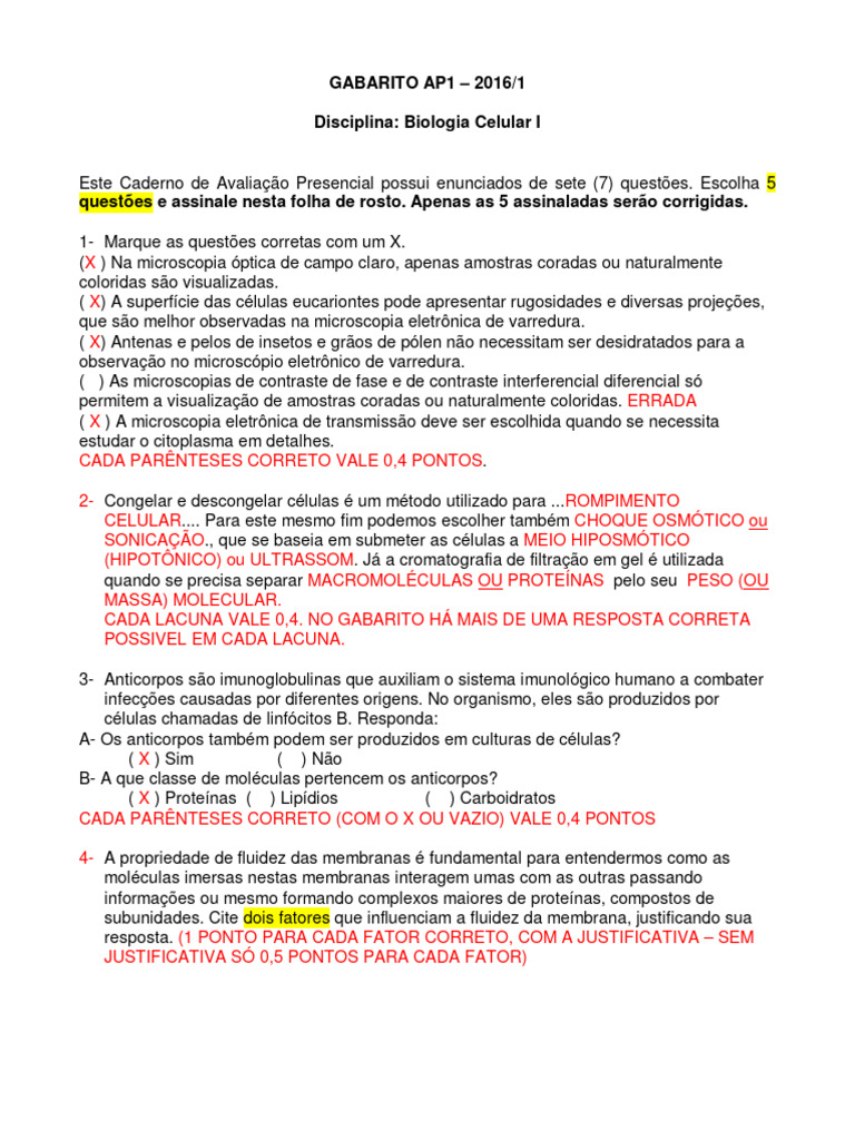 AP1 2016.1 Biocel1 - Com Gabarito | PDF | Membrana celular | Fosfolipídeo