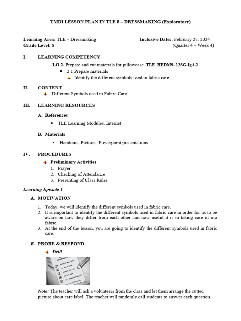 TLE 8 Dressmaking Lesson Plan: Fabric Care Symbols | PDF | Cognition ...