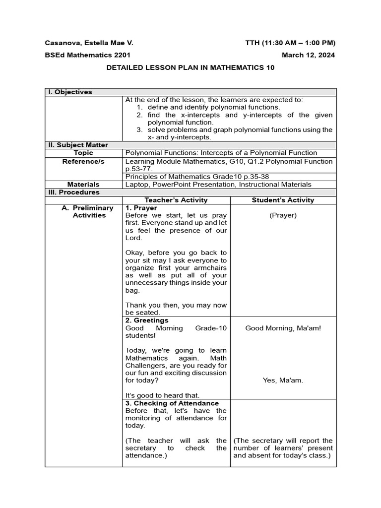 Ed 107 Detailed Lesson Plan in Mathematics 10 | PDF | Variable ...