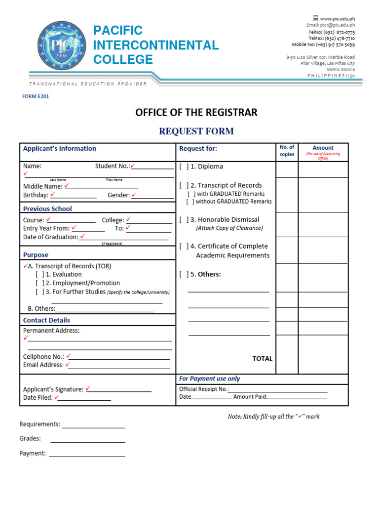 PIC FORM E201 Request Form 8 | PDF