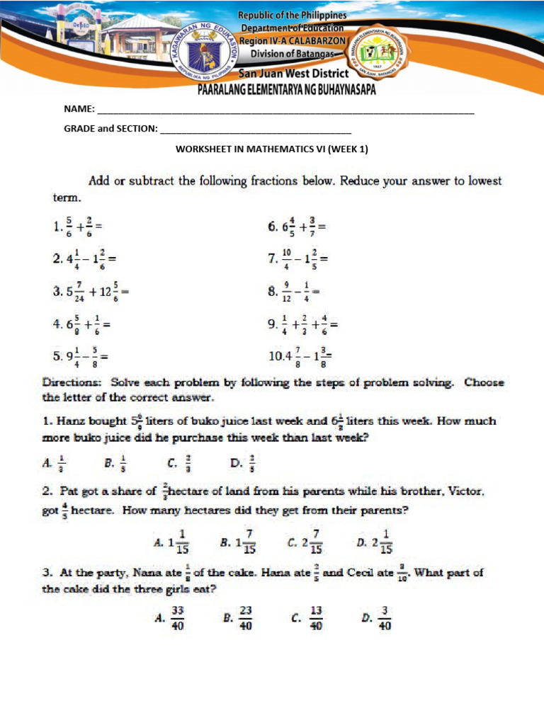 worksheets mathematics week 1-4 | PDF