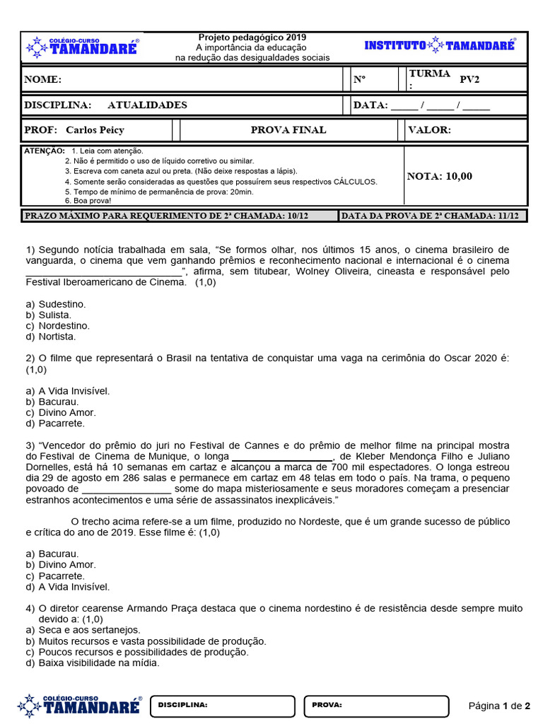 PROVA FINAL de ATUALIDADES PV2 | PDF