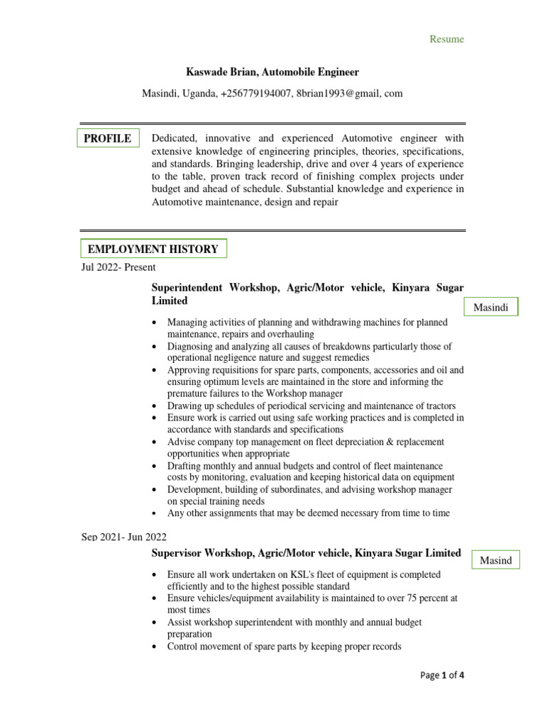 Kaswade Brian, Automobile Engineer: Resume | Download Free PDF ...