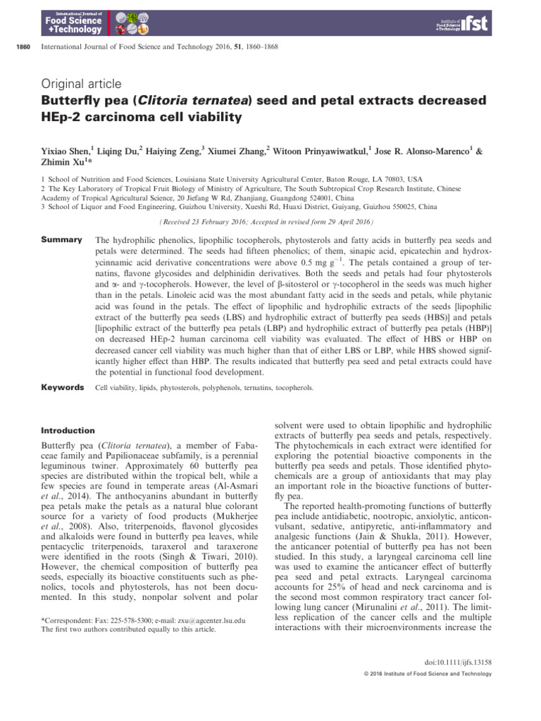 Shen, Y. (2016) - Butterfly Pea (Clitoria Ternatea) Seed and Petal Extracts Decreased HEp-2 ...
