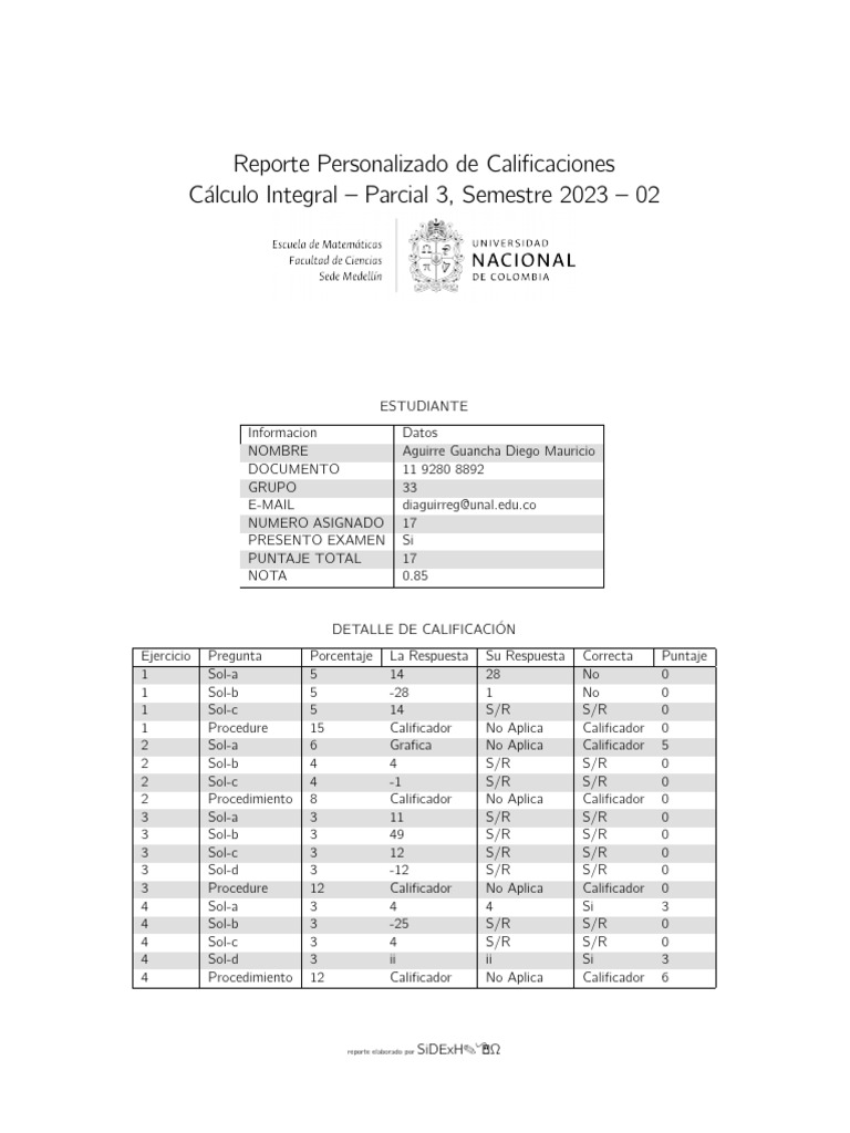 Reporte Personalizado de Calificaciones C Alculo Integral - Parcial 3 ...