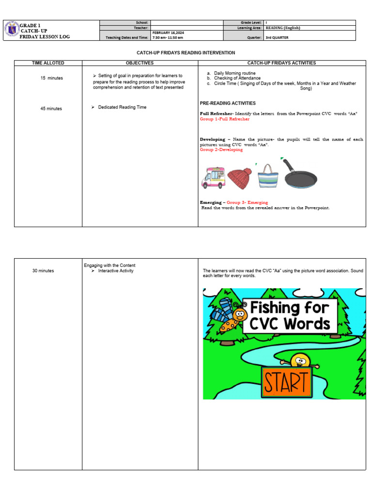 Q3 - Feb 16 - Catch Up Fridays Lesson Plan - EnGLISH DAY 1 | PDF | Learning | Teachers