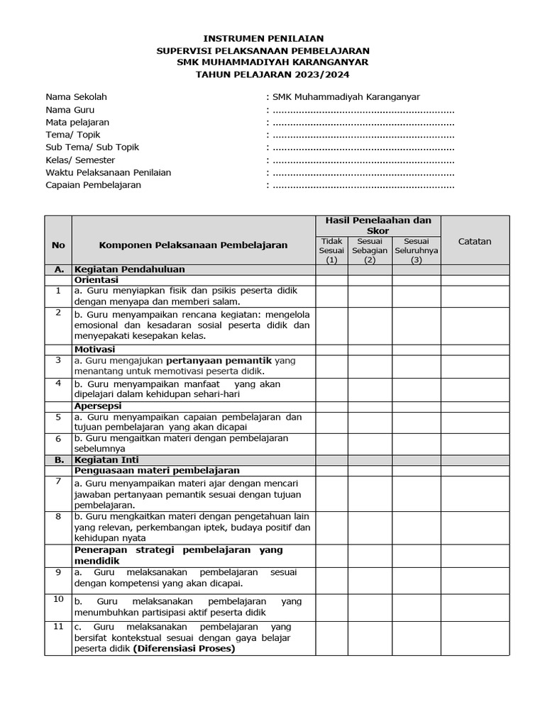 Instrumen Supervisi Pembelajaran - 2024 | PDF
