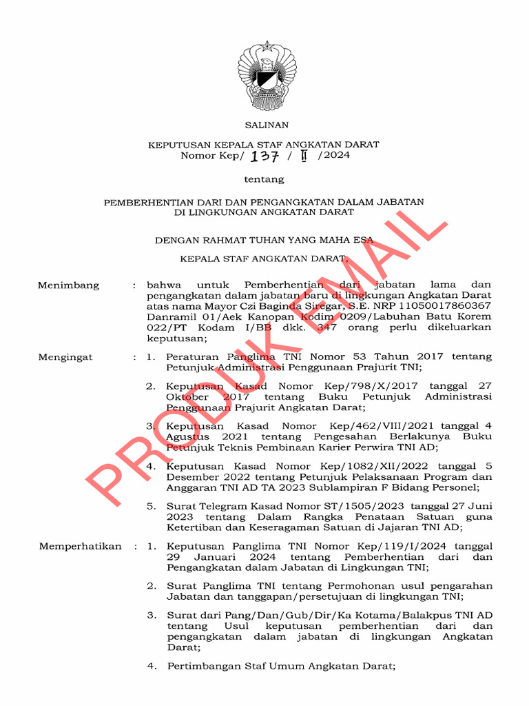 Salinan Kep Kasad Nomor Kep 137 II 2024 TGL 26 Februari 2024 | PDF