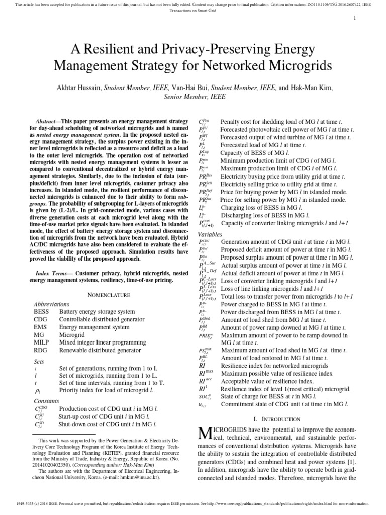 A Resilient and Privacy-Preserving Energy Management Strategy For Networked Microgrids | PDF ...
