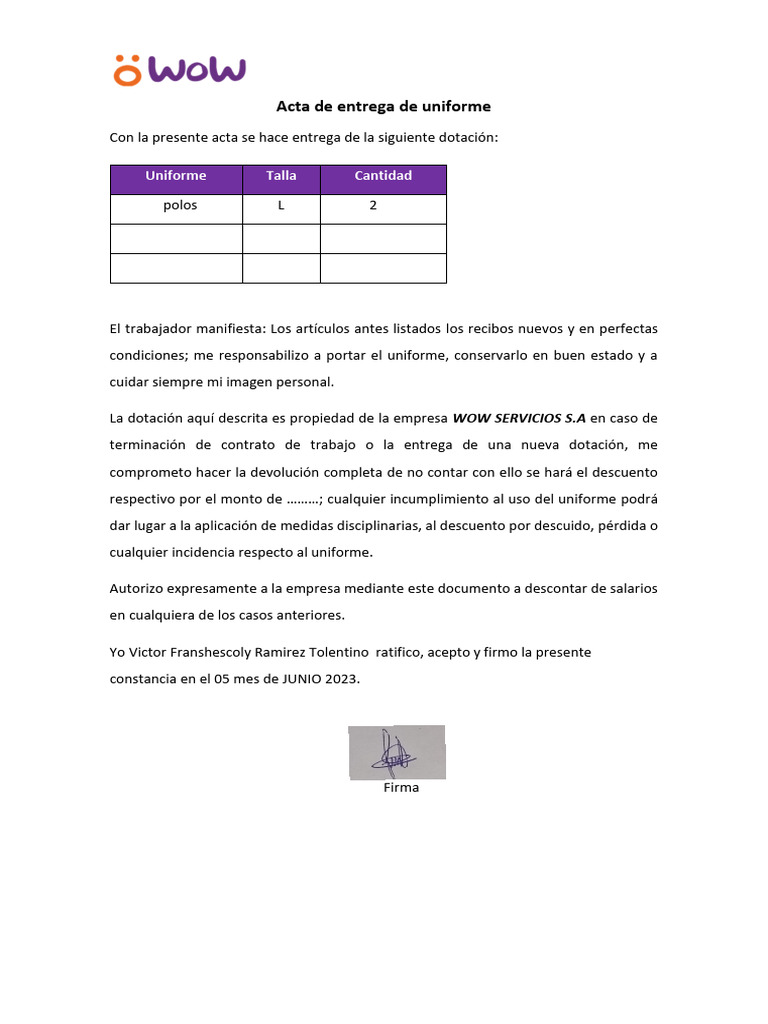 Victor Ramirez Formato Acta De Entrega De Uniformes Pdf