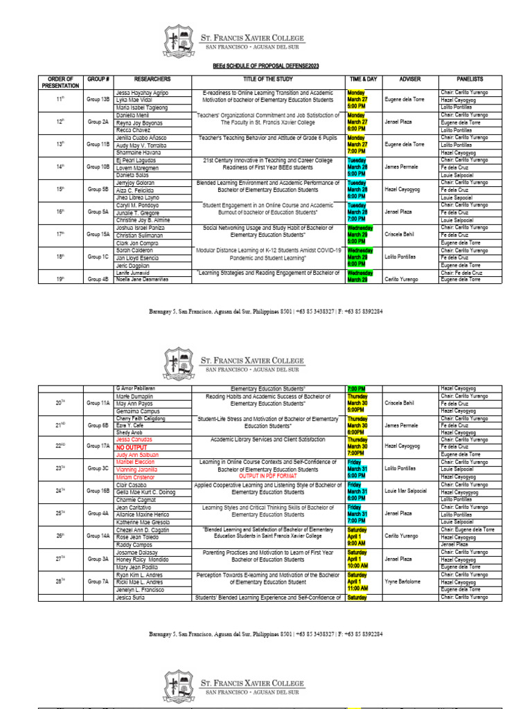 BEEd PARTIAL SCHEDULE OF PROPOSAL DEFENSE2023 SECOND BATCH | PDF | Psychological Manipulation ...