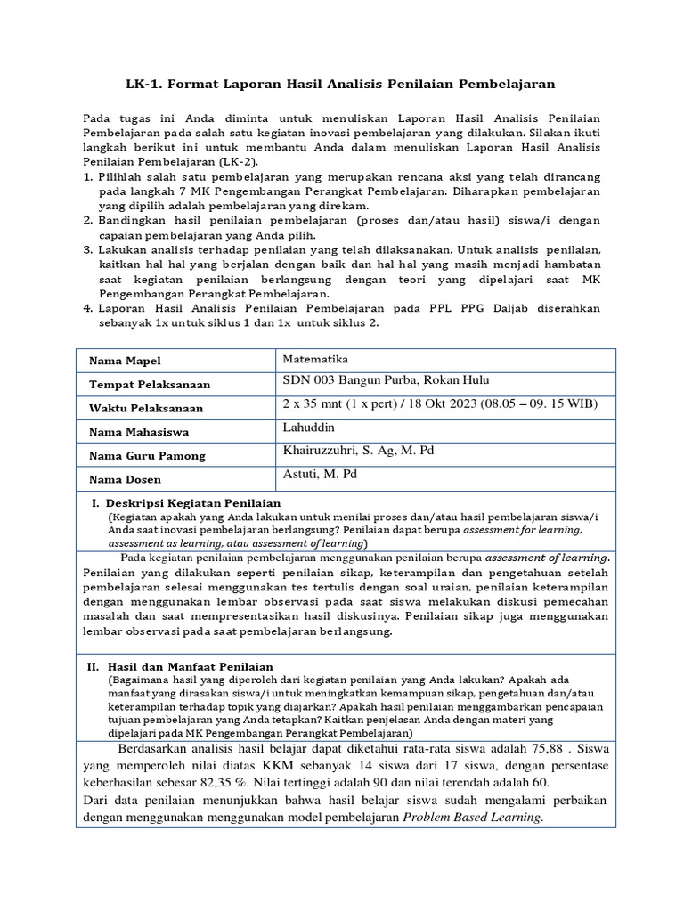LK. 1 Format Laporan Hasil Analisis Penilaian Pebelajaran Siklus 1 | PDF