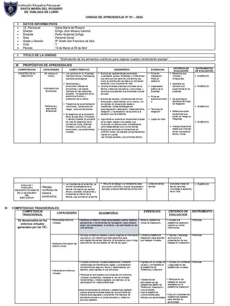 I Unidad de Aprendizaje 2024 - 6° PS | PDF | Aprendizaje | Alimentos
