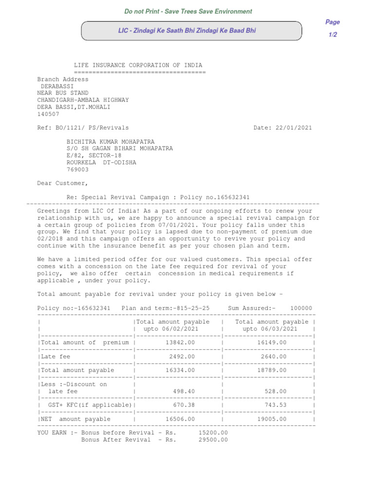 Revival Letter | PDF | Insurance | Financial Services