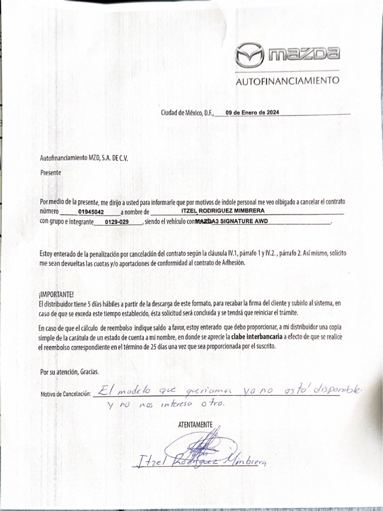 Formato de Cancelación Itzel RM | PDF
