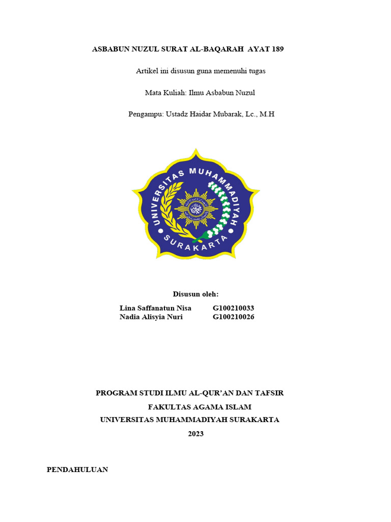 Asbabun Nuzul Al Baqarah 189 Kel 8 Lina Saffanatun Nisa, Nadia Alisyia | PDF