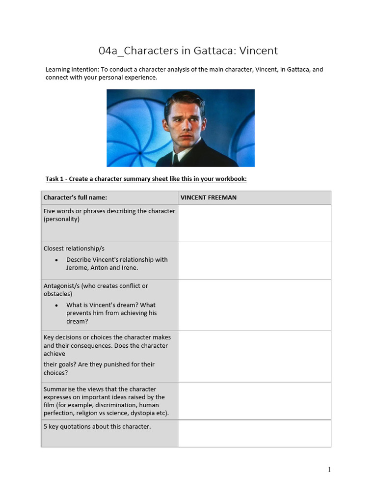 04a - Characters in Gattaca Vincent | PDF | Cognition | Psychology