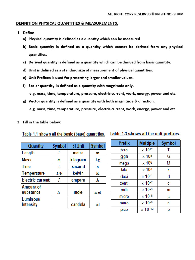 Physical Quantities and Definitions | PDF | Teaching Methods ...