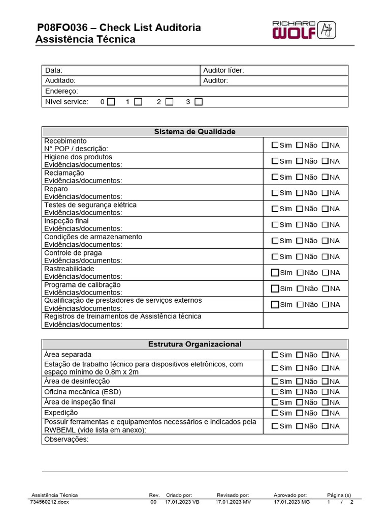 P08FO036 - Check List Auditoria Assistencia Técnica | PDF | Equipamento ...