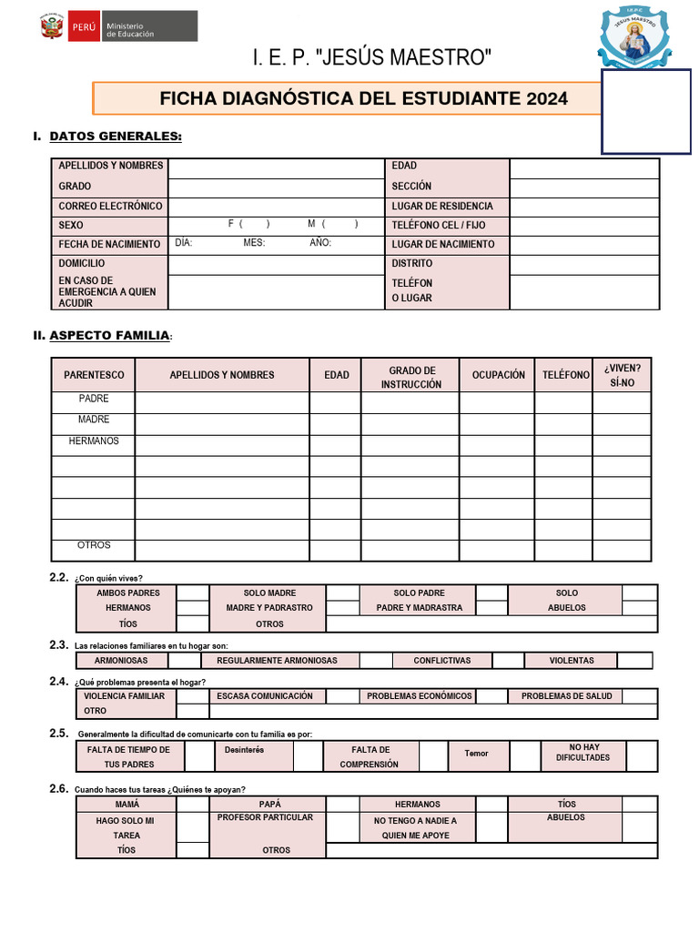 Ficha-Diagnostica-Del Estudiante-2024 | PDF | Conceptos psicologicos
