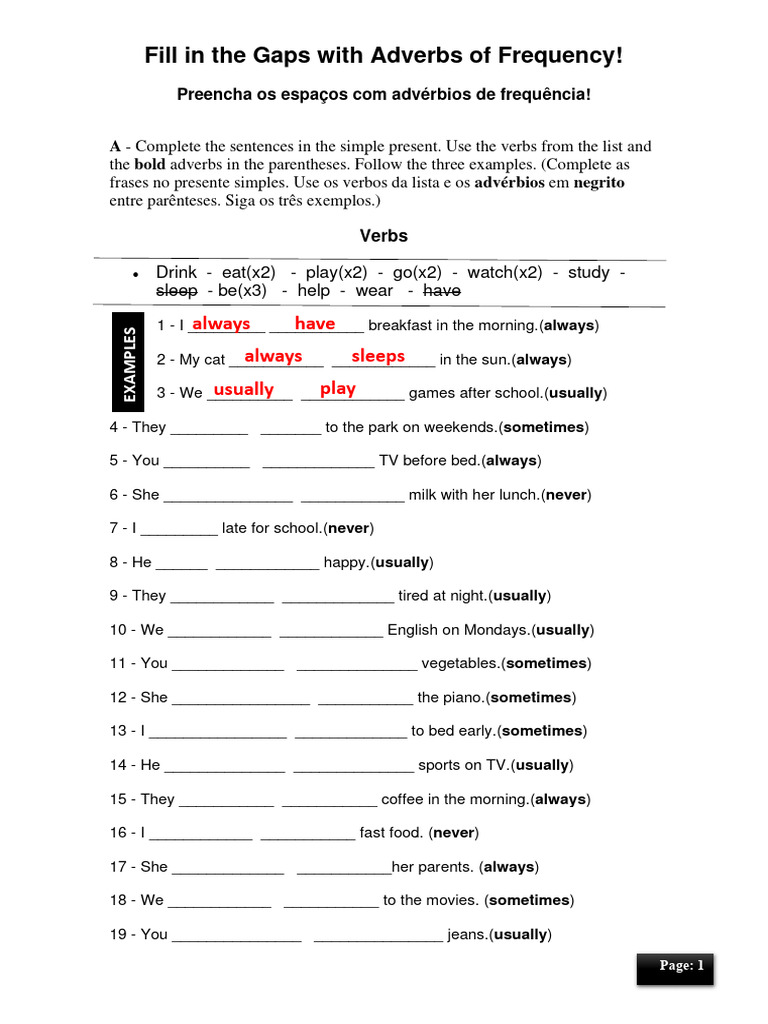 Adverbs of Frequency - STARTER - A1 - EXERCISES PDF | PDF | Adverb ...