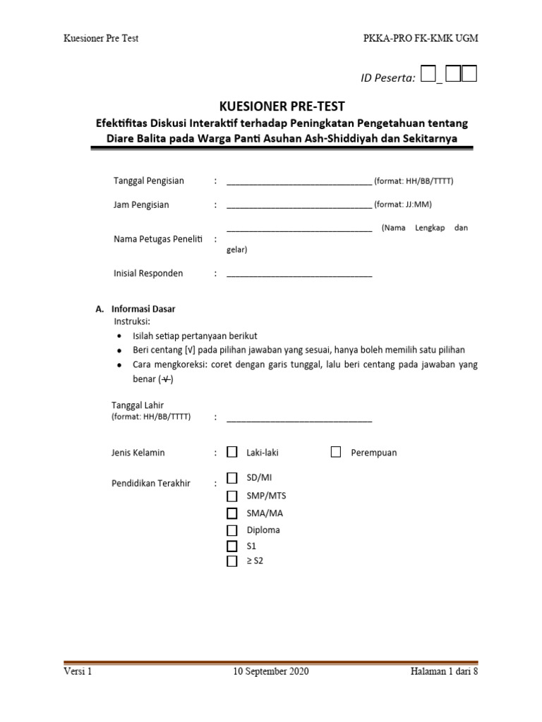 Kuesioner Pre-Test Pengetahuan Diare Balita | PDF