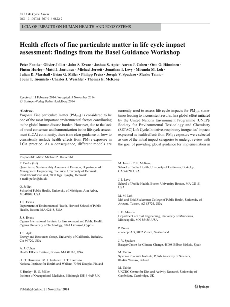 Health Effects of Fine Particulate Matter in Life Cycle Impact ...