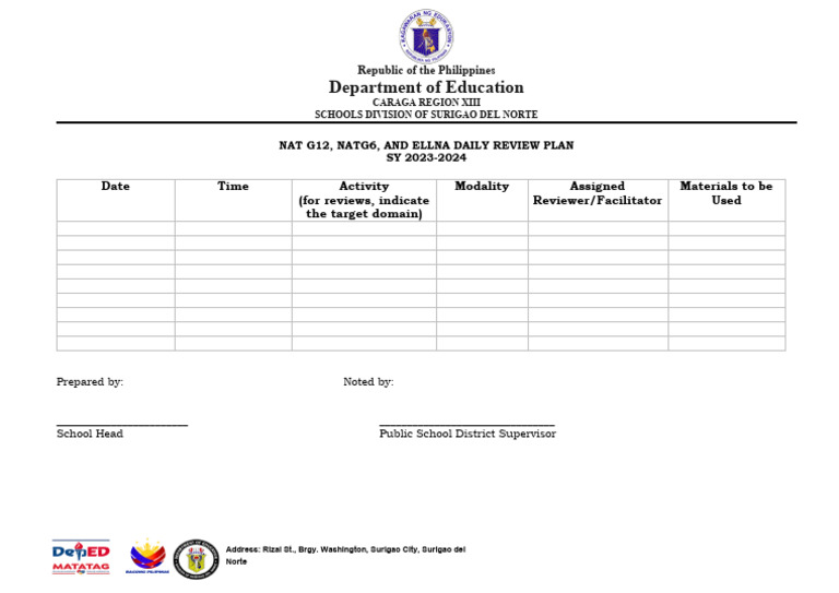 Daily Review Plan Template - NAT and ELLNA | PDF