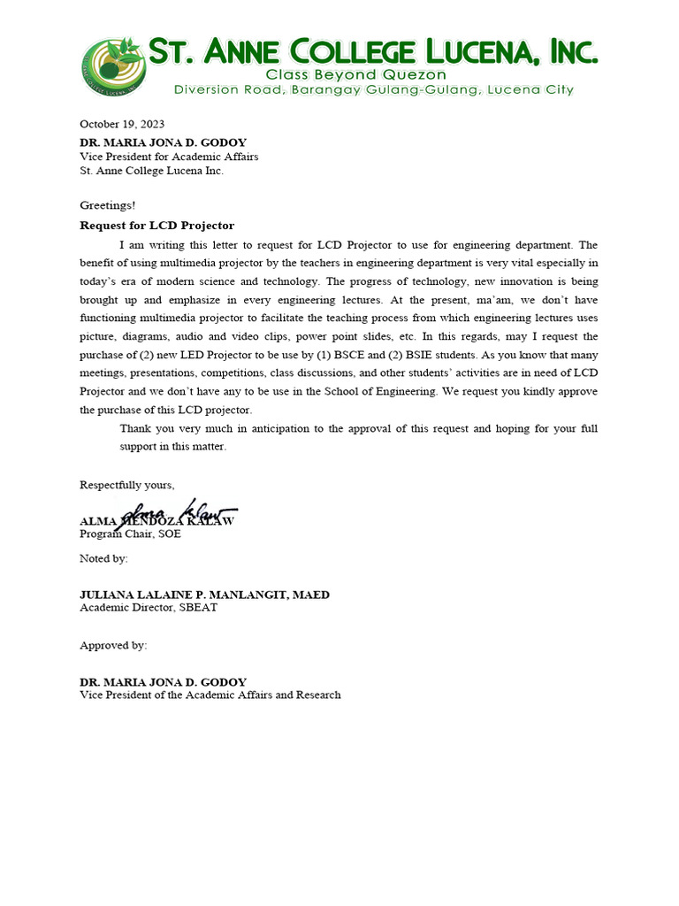 Request Letter of LCD Projector | PDF
