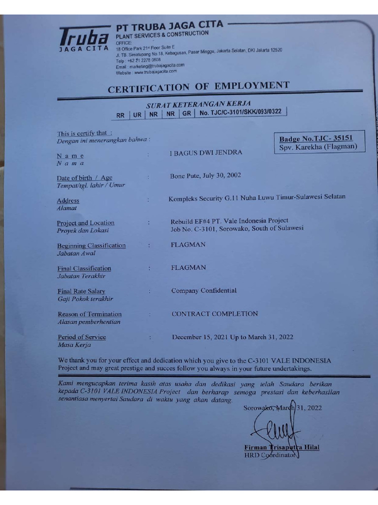 Surat Pengalam PT. Truba Jaga Cita | PDF