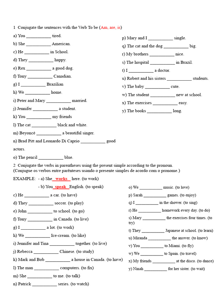 1 Conjugate The Sentences With The Verb To Be and Simple Present | PDF ...