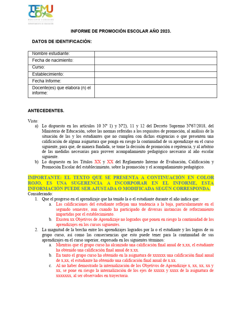 28.11 - Modelo Informe Promoción Escolar | PDF | Aprendizaje | Maestros