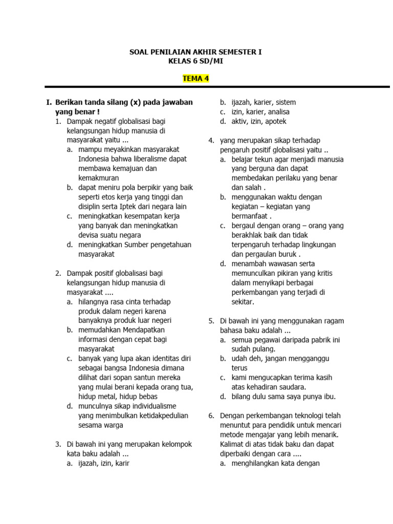 Soal PAS Kelas 6 Sem 1 Tema 4 - Kamimadrasah | PDF