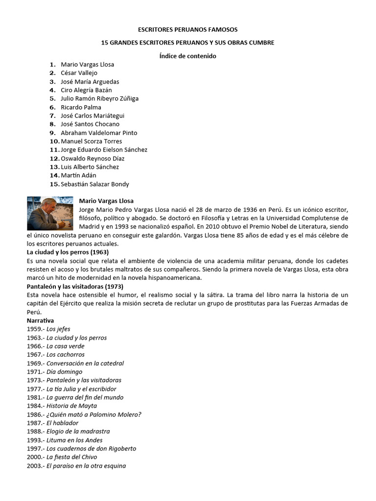 Escritores Peruanos Famosos y Sus Obras | PDF