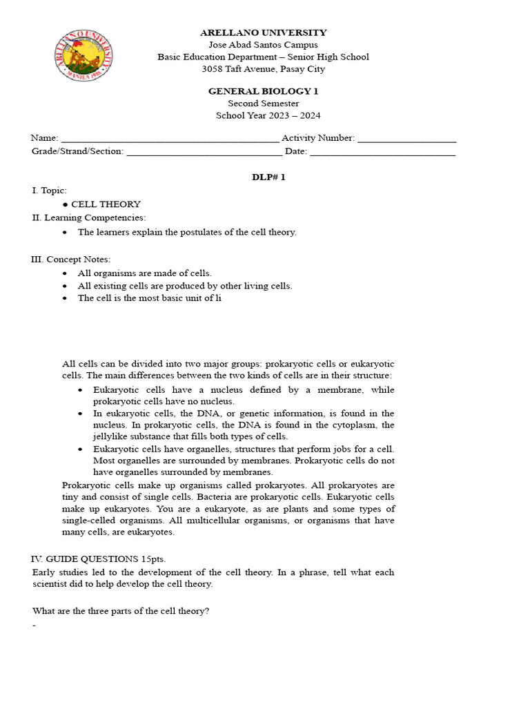 DLP 1 Gen Bio Cell Theory | PDF | Cell (Biology) | Prokaryote