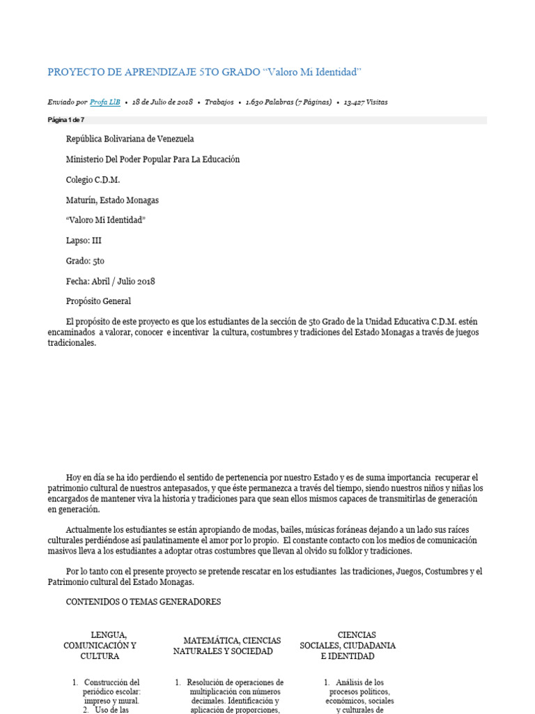 Proyecto de Aprendizaje 5to Grado | Descargar gratis PDF | Venezuela ... Proyecto de Aprendizaje 5to Grado | Descargar gratis PDF | Venezuela ...