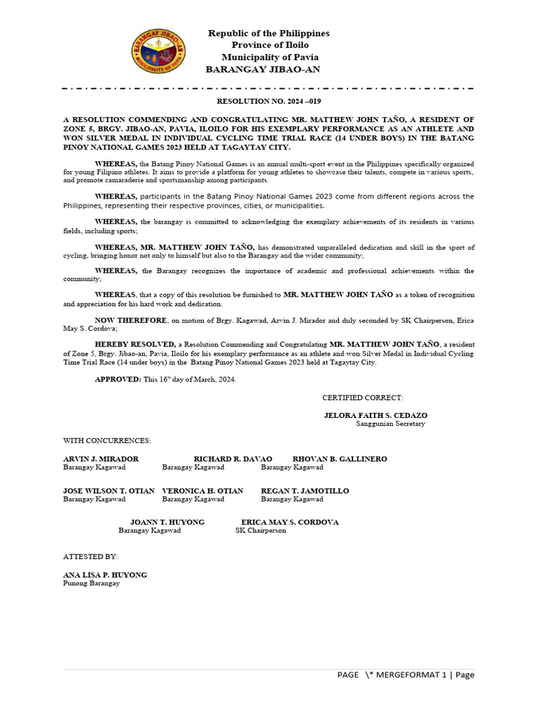 Resolution Commending and Congratulating Matthew John Tano | PDF ...