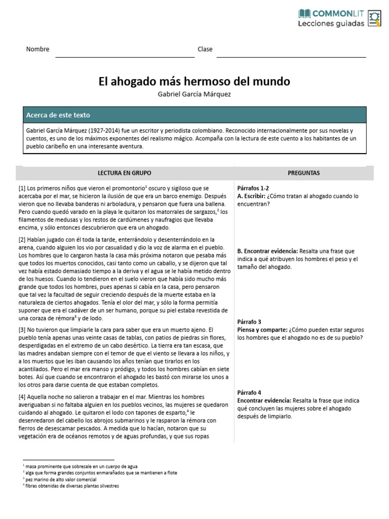 Copia Estudiante Lección Guiada El Ahogado Más Hermoso Del Mundo | PDF