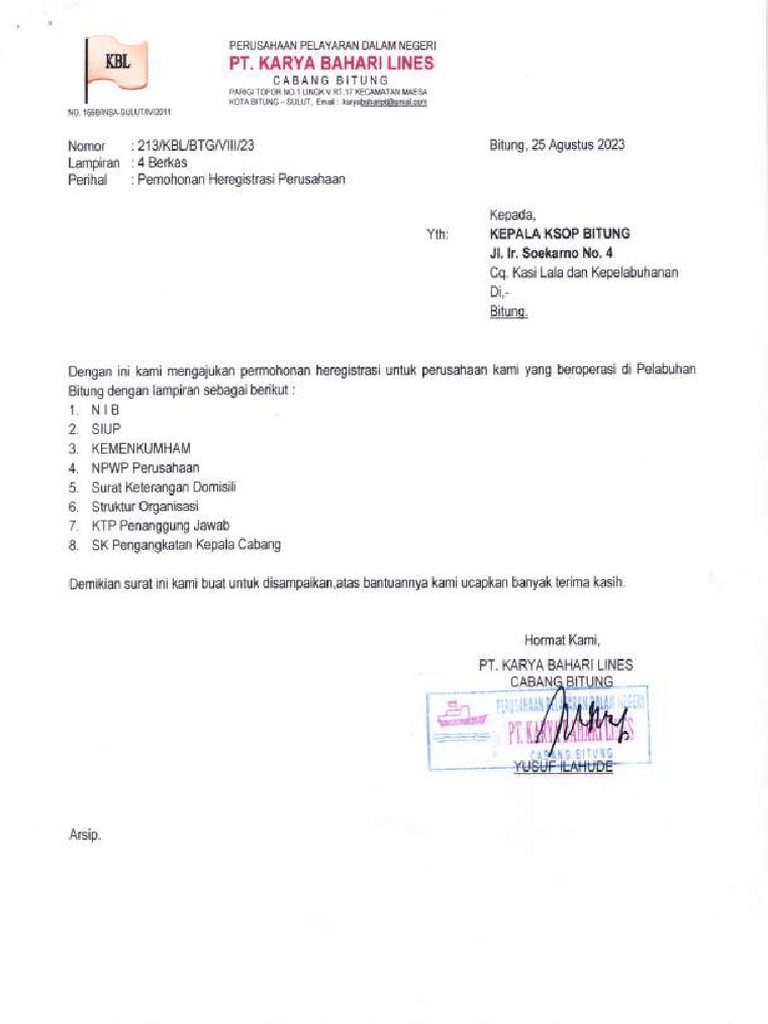 Permohonan Heregistrasi PT Karya Bahari | PDF