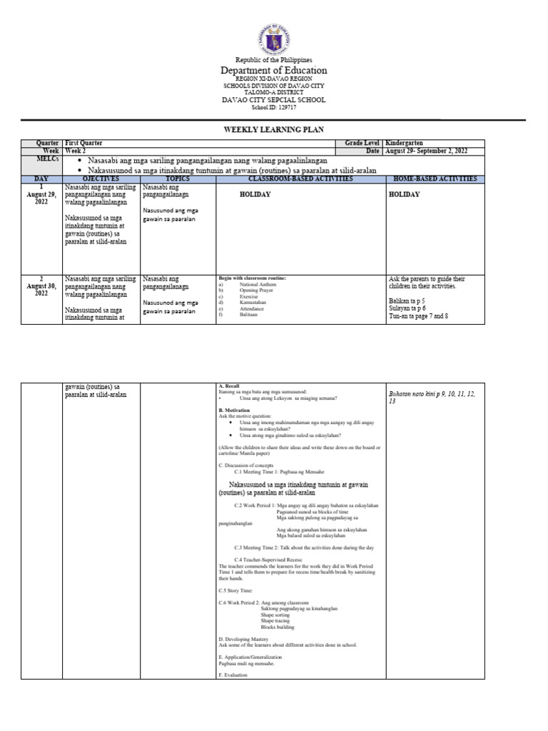 Kindergarten WLP-Q1-Week 2 | PDF