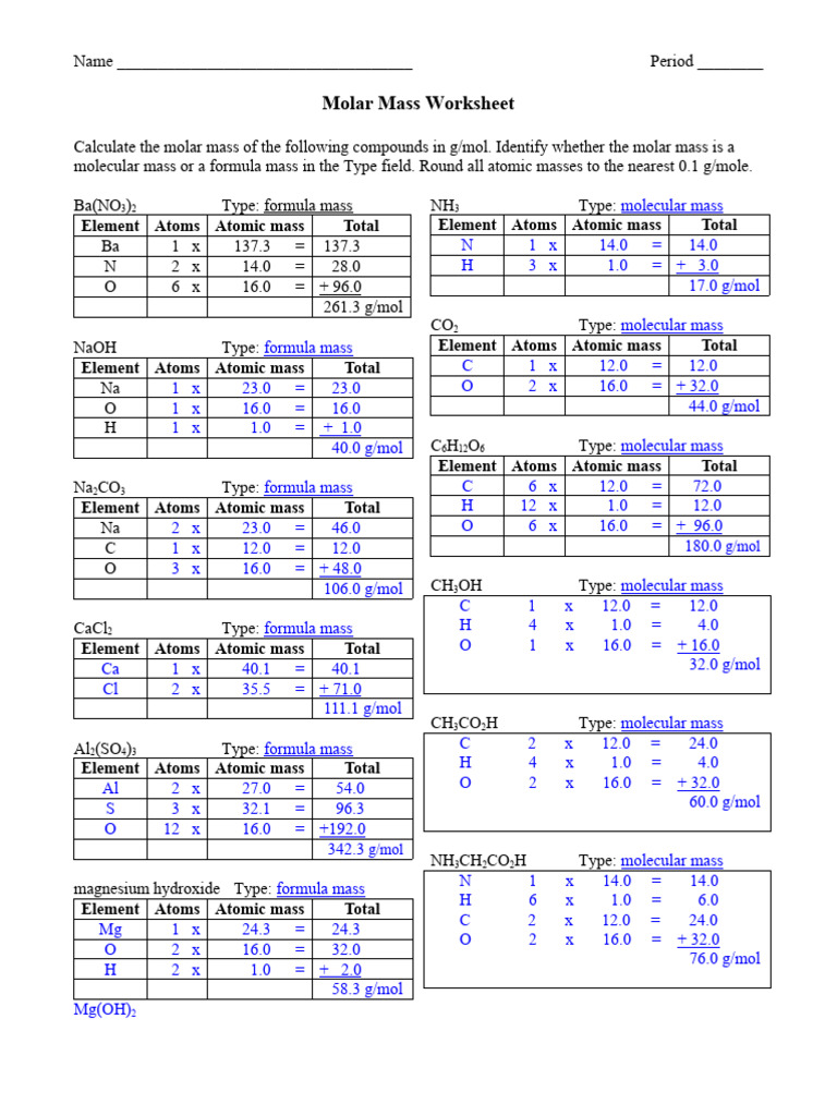 Worksheet - Molar Mass - Answers | PDF | Mole (Unit) | Materials